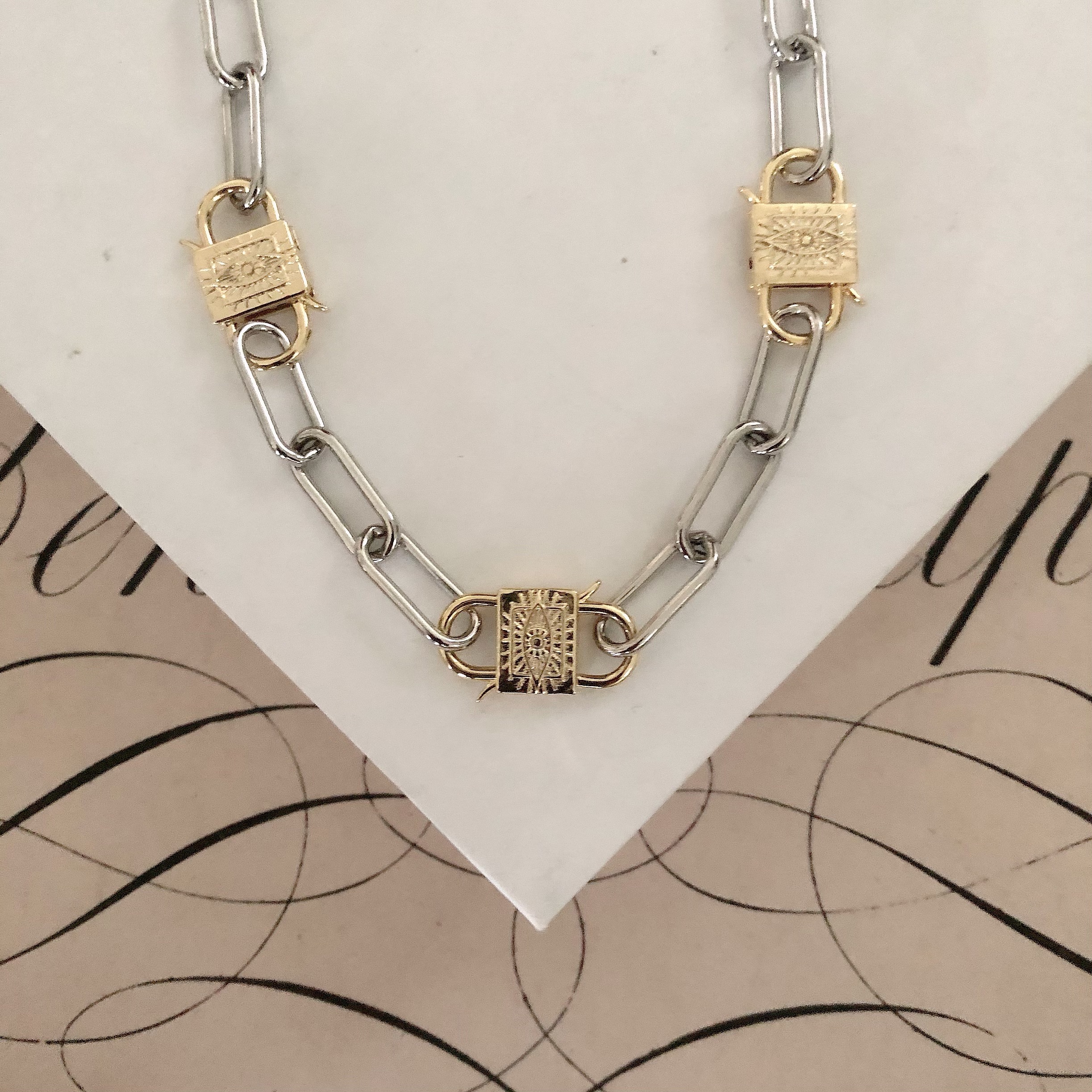 Two Tone Paperclip Evil Eye Charm Necklace – WinterLemon