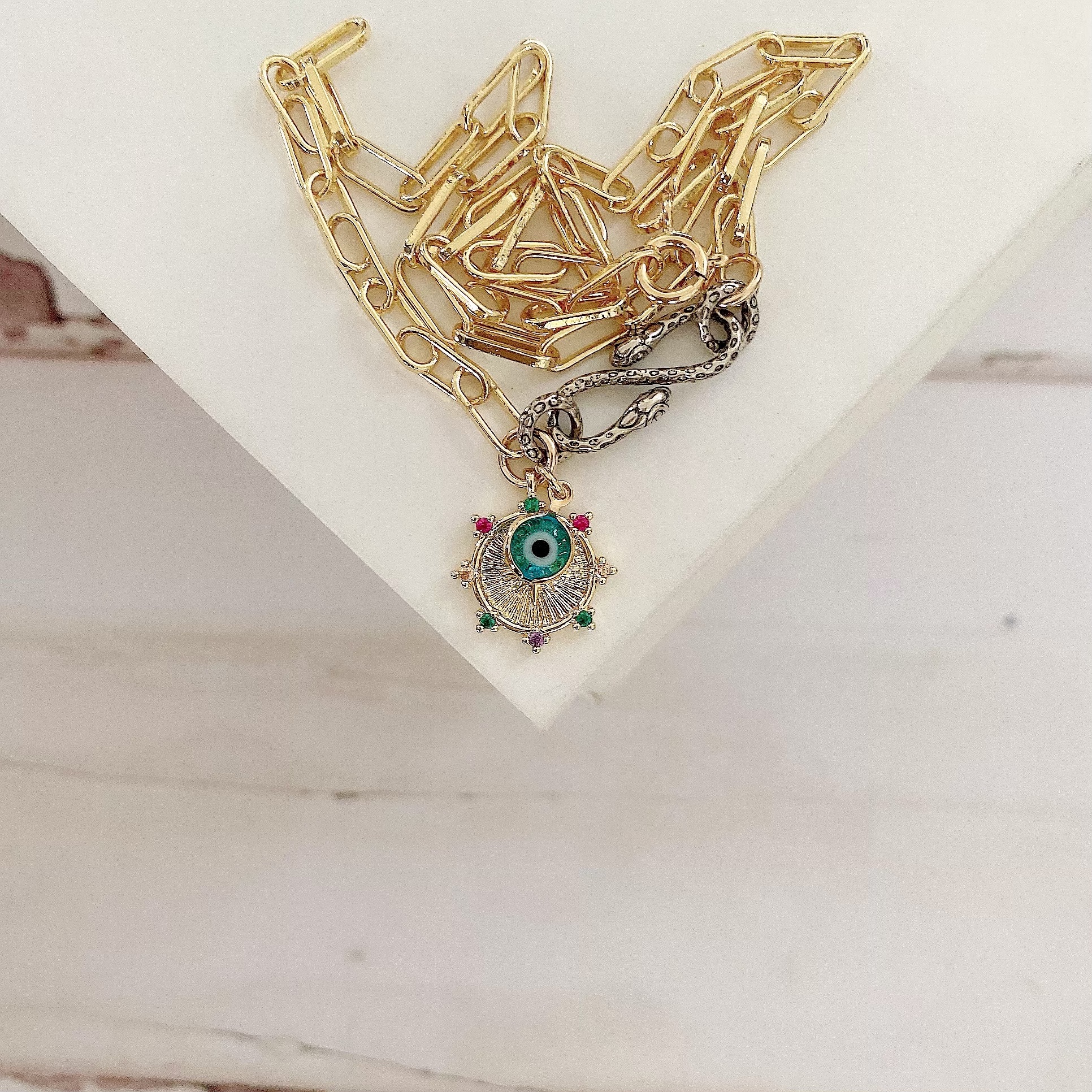 Evil Eye, Snake and Radiant Rainbow Disc Paper Clip Chain Necklace ...