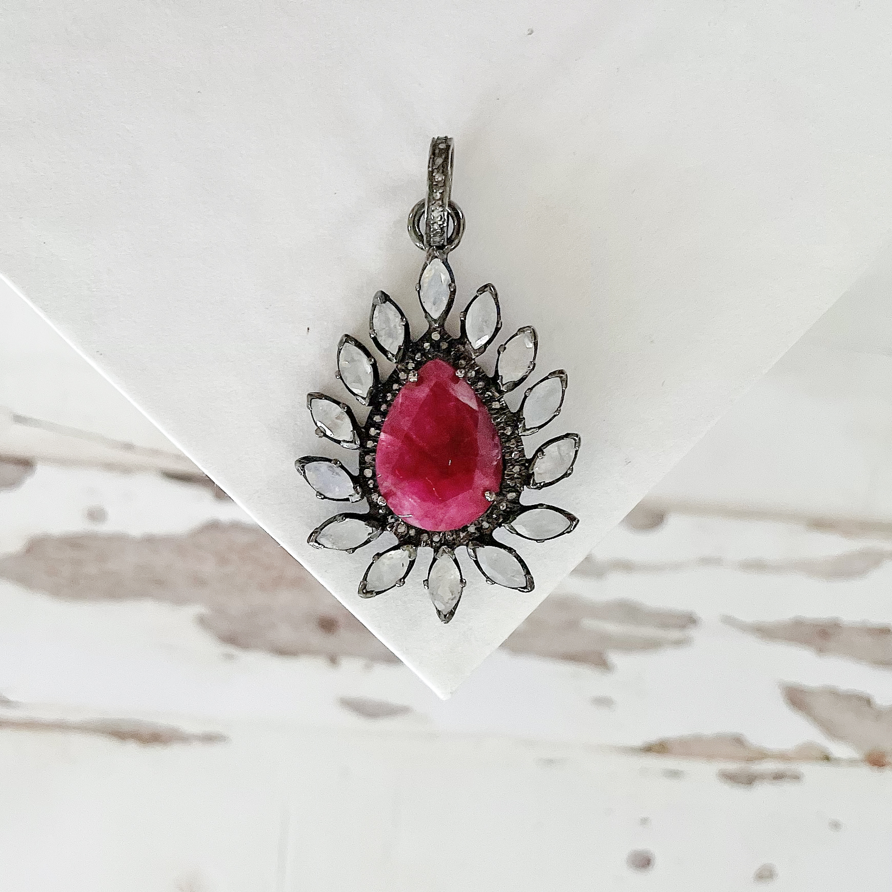 Pave Diamond, Teardrop Ruby and Rainbow Moonstone Pendant – WinterLemon