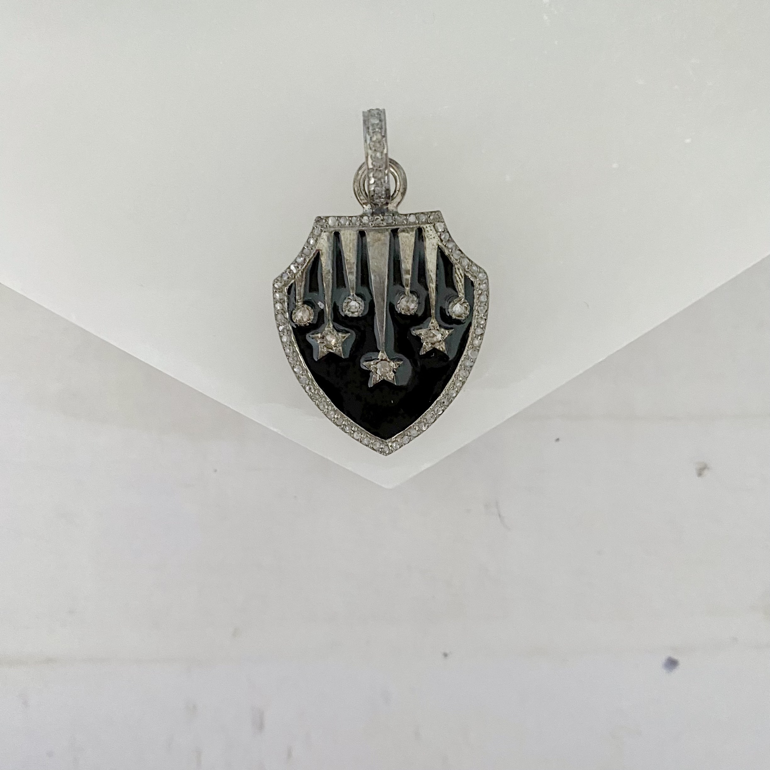 Sterling and Pave Diamond Shield Shape Pendant with Stars – WinterLemon