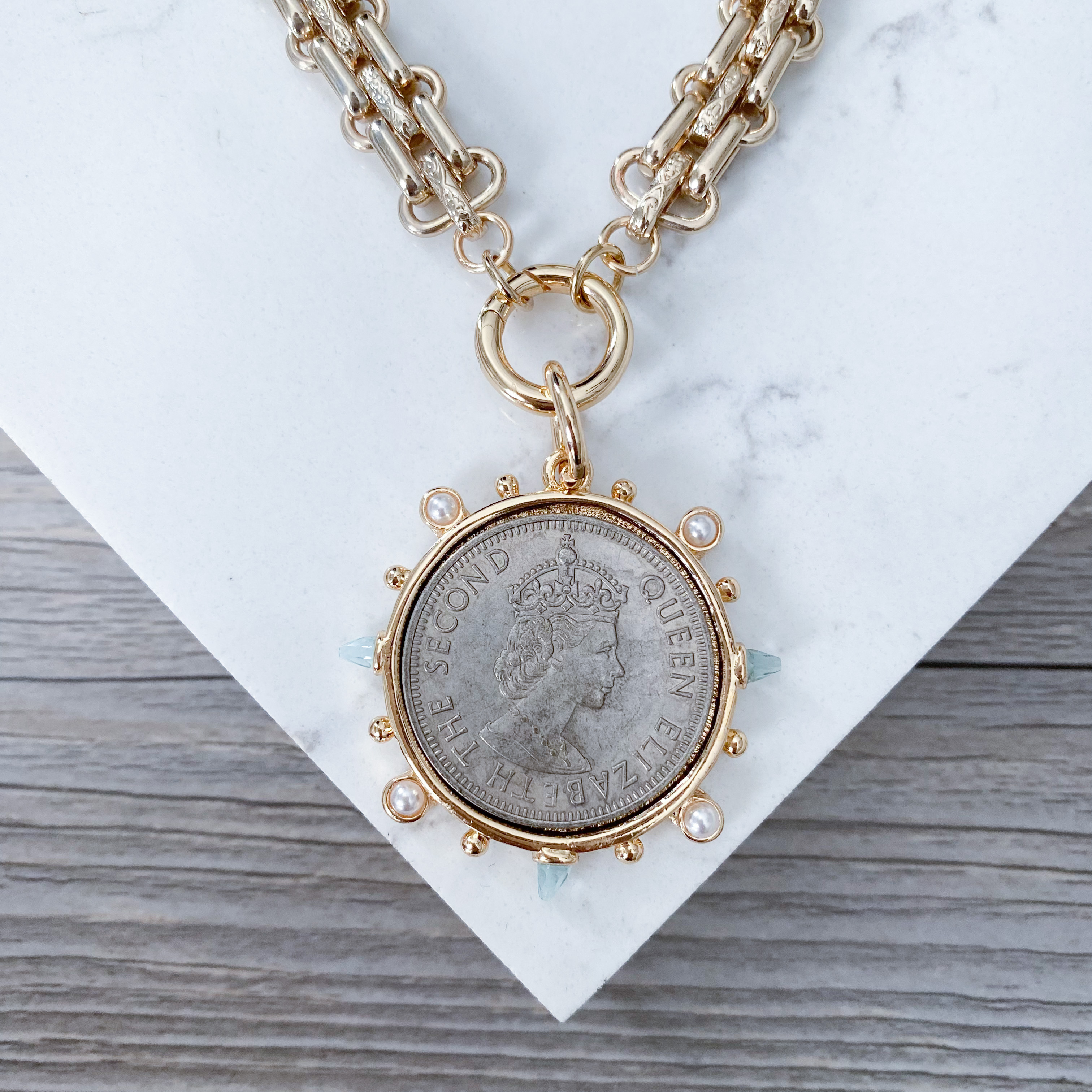 Queen Elizabeth Two Tone Large Coin Decorative Link Charm Necklace ...
