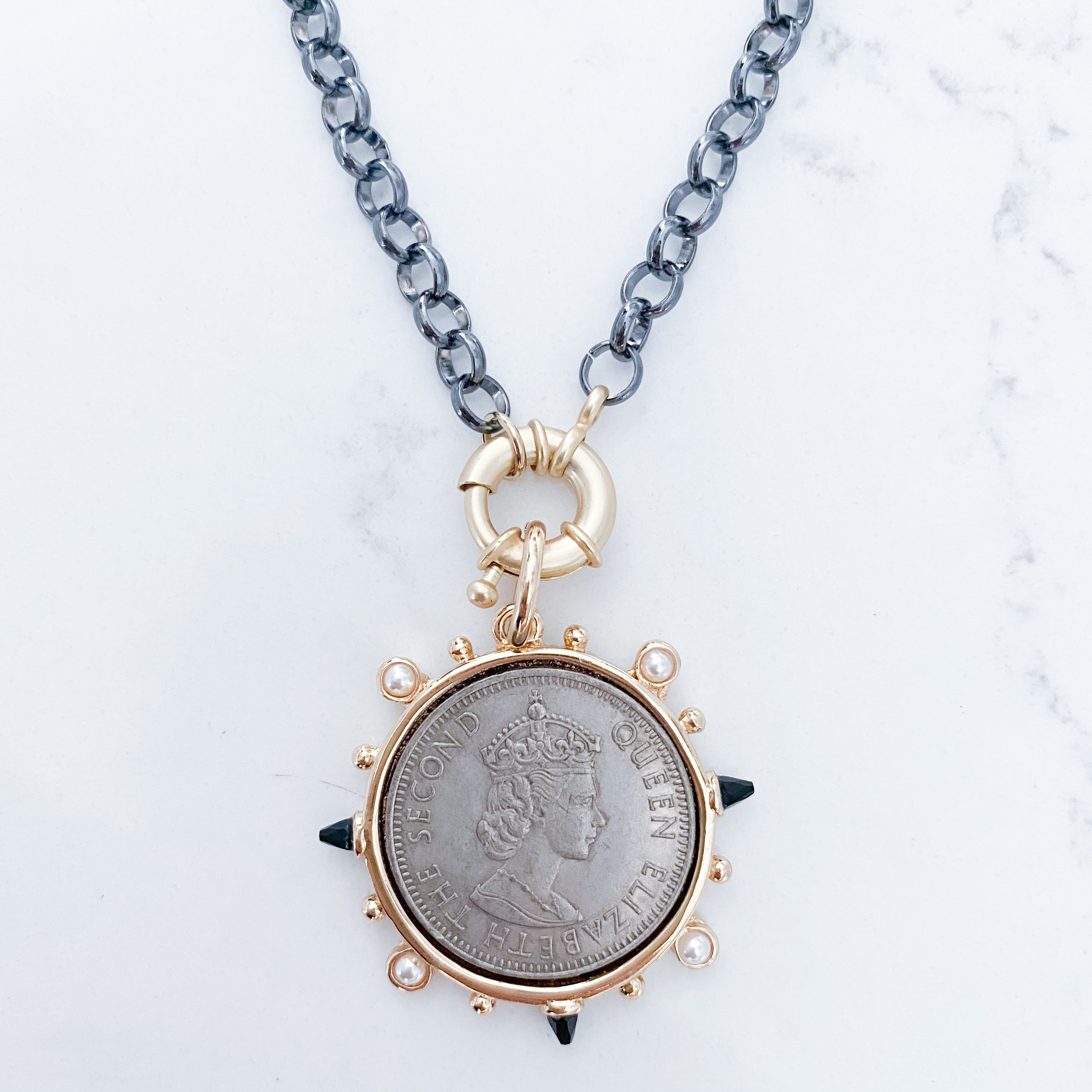 Queen Elizabeth Two Tone Large Coin Gunmetal Rolo Link Charm Necklace ...