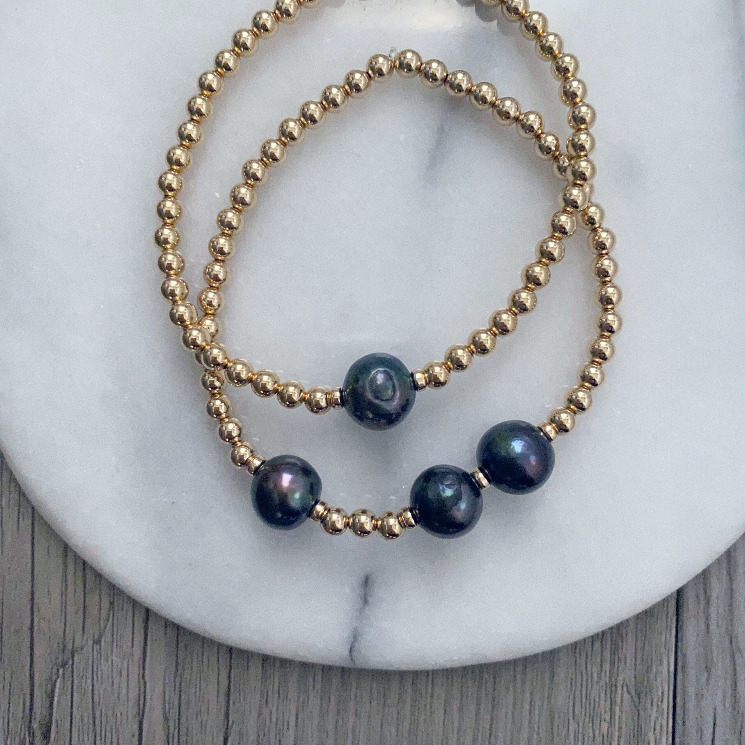 Della Grey Pearl and Gold Fill Bead Orbit Stretch Bracelet Stack ...