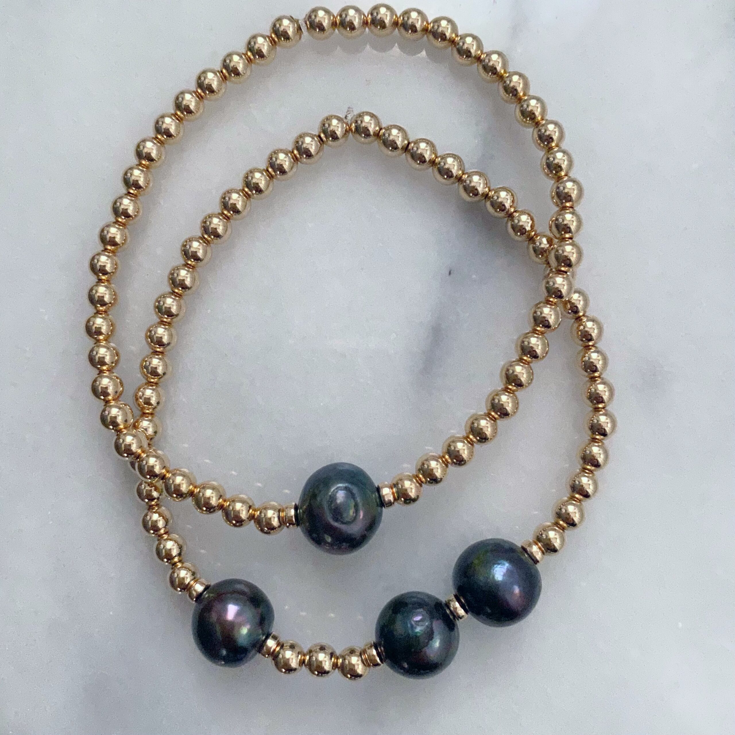 Della Grey Pearl and Gold Fill Bead Orbit Stretch Bracelet Stack ...
