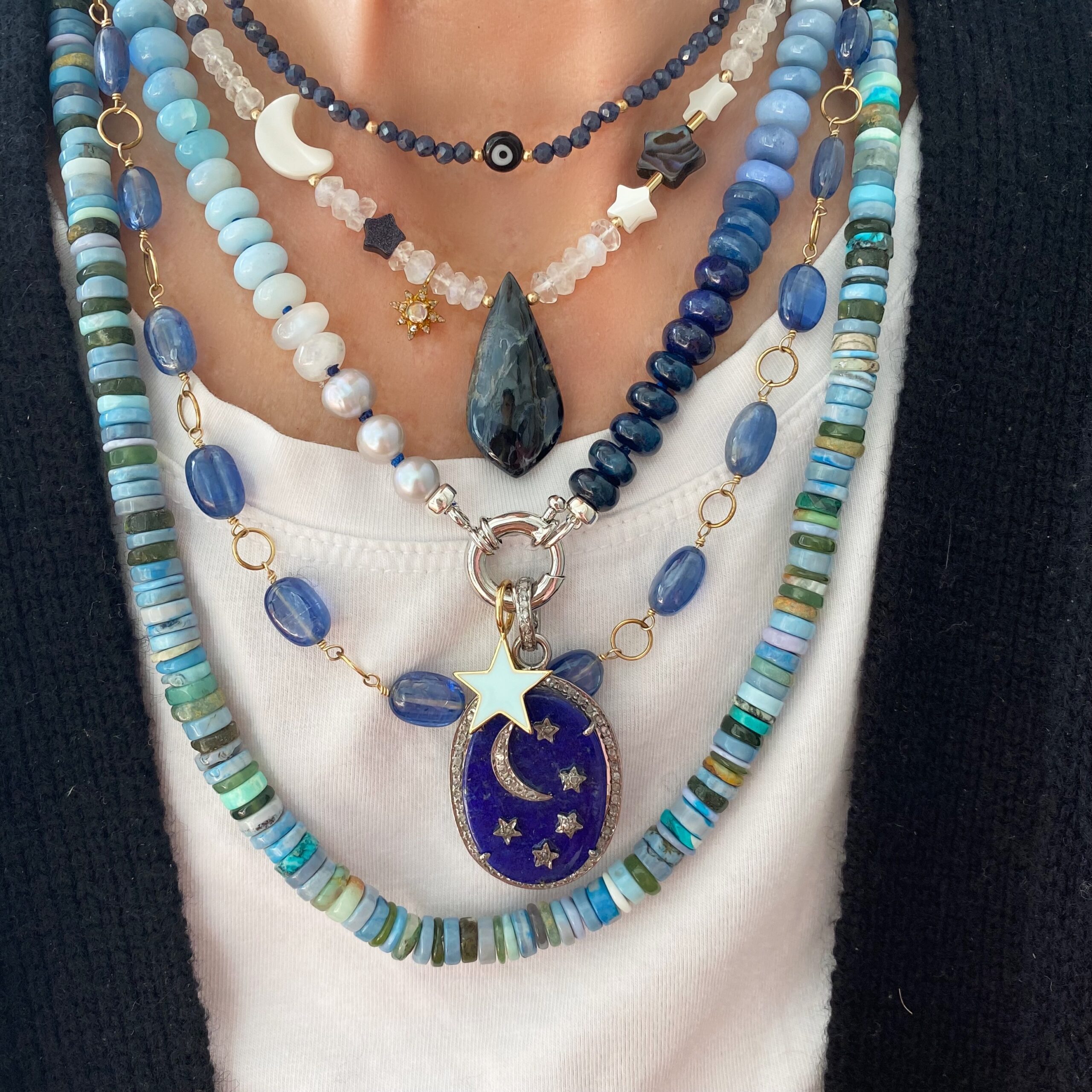 Celestine Pave Diamond and Lapis Starburst Star and Moon Pendant ...