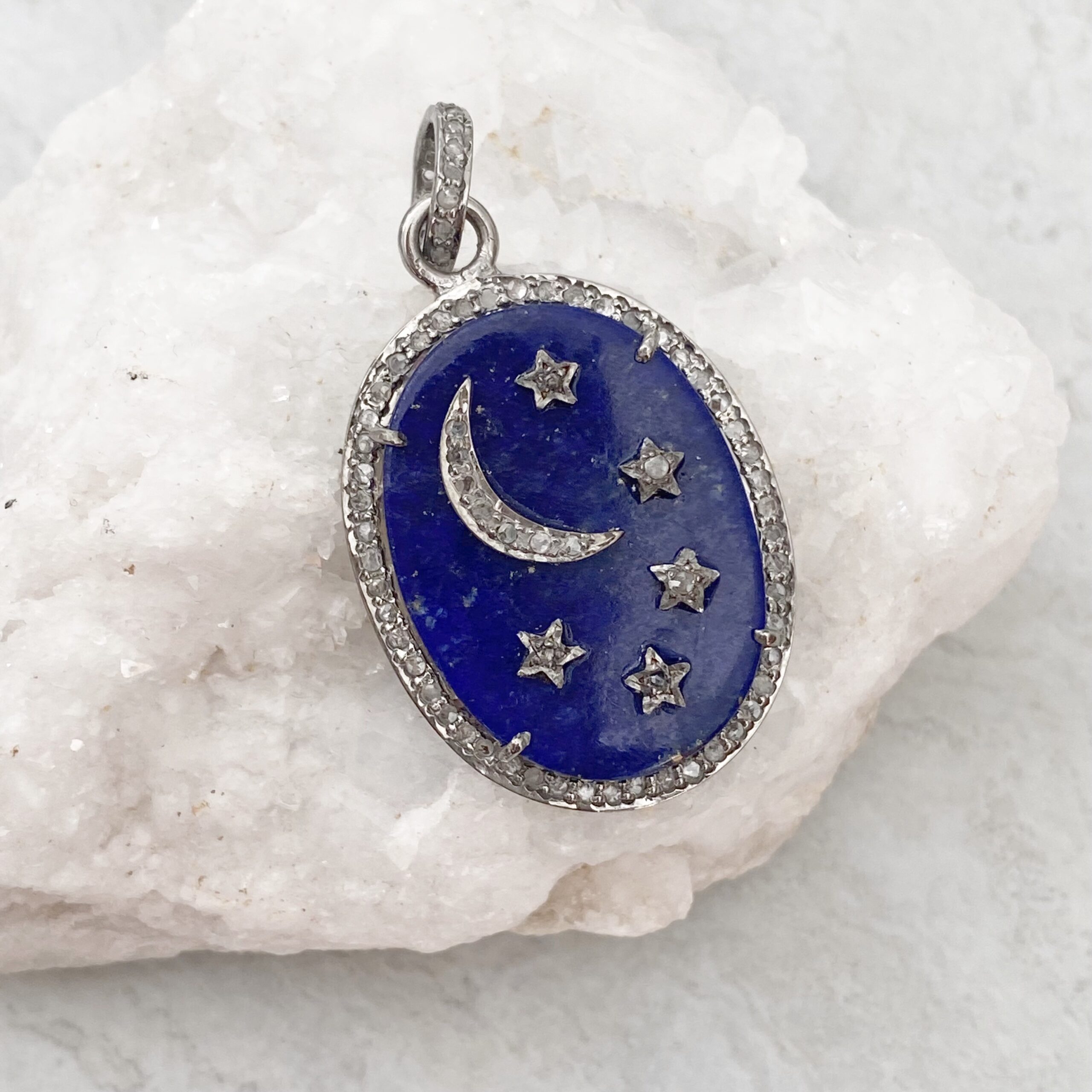 Celestine Pave Diamond and Lapis Starburst Star and Moon Pendant ...