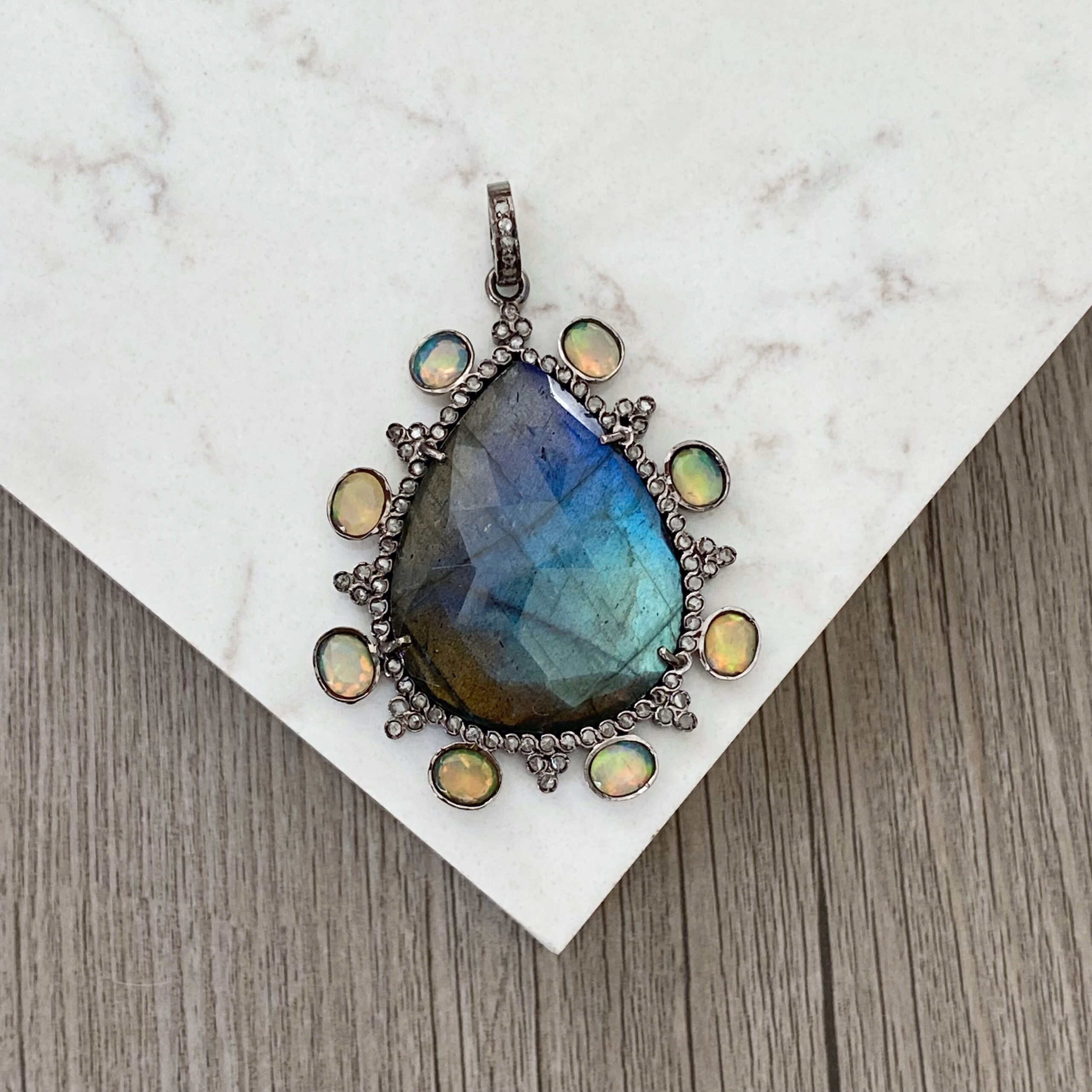 Nydia Pave Diamond, Labradorite and Opal Teardrop Pendant – WinterLemon