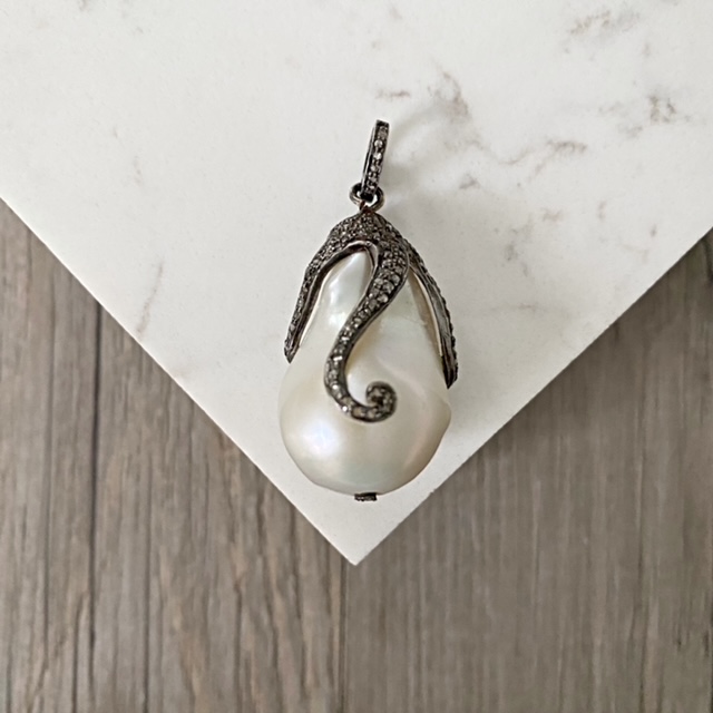 Octavia N°1 Chunky Baroque Pearl Sterling and Pave Diamond Tendril ...