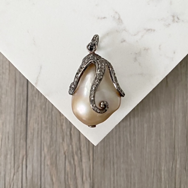 Octavia N°2 Chunky Baroque Pearl Sterling and Pave Diamond Tendril ...