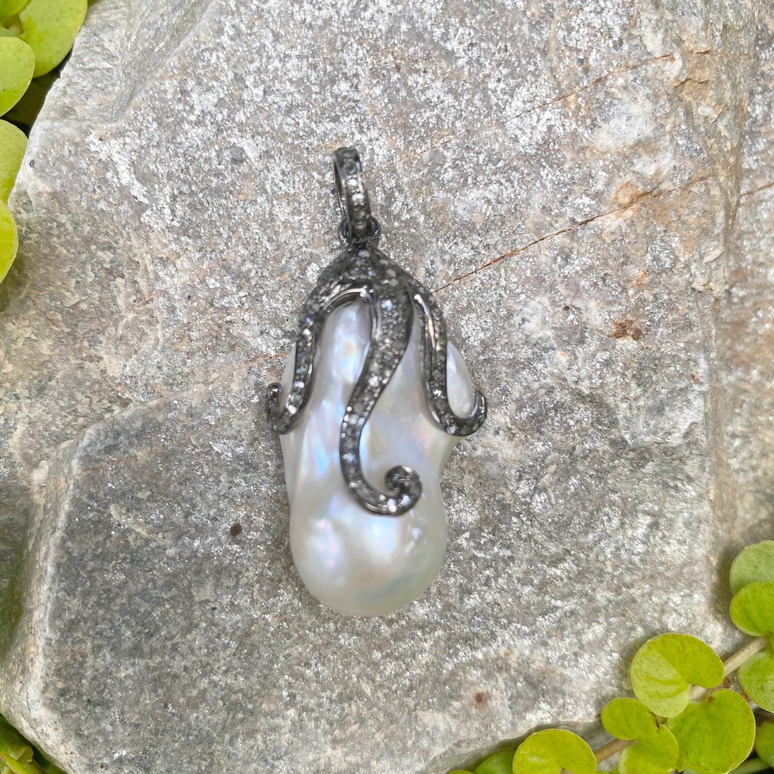 Octavia N°6 Chunky Baroque Pearl Sterling and Pave Diamond Tendril ...