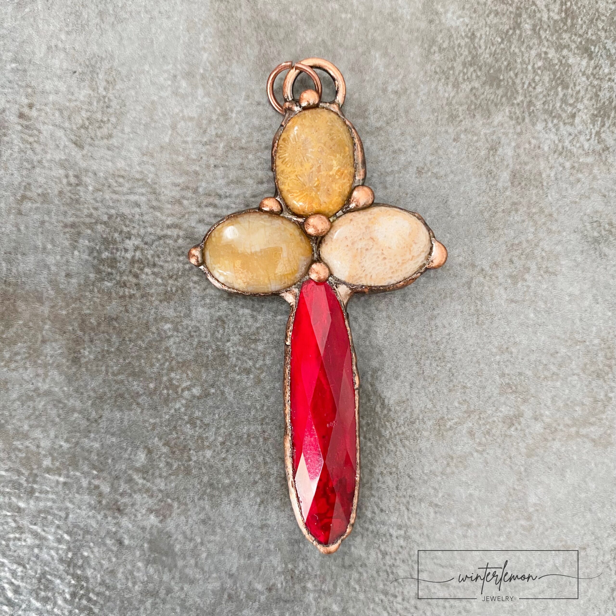 Suneer Stone and Red Crystal Cross Talisman Rose Soldered Pendant ...